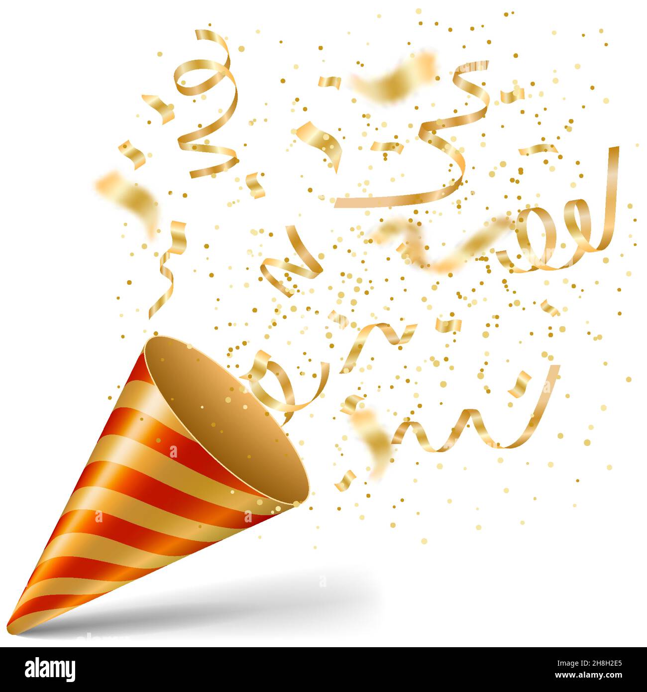 Party popper with gold confetti and serpantine salute isolated on white ...