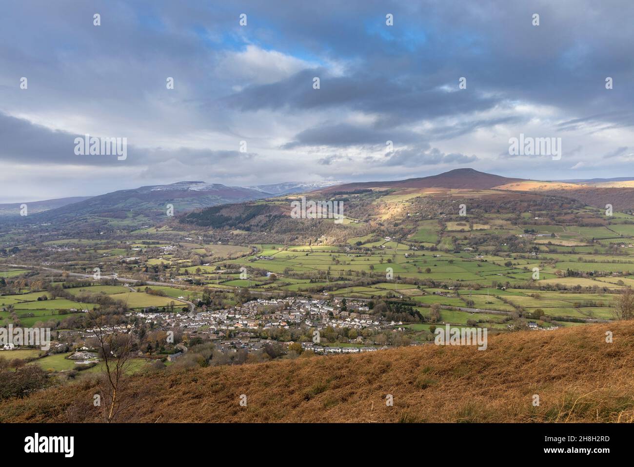 Govilon with the Heads of the Valleys road beyond and the Sugar Loaf in ...