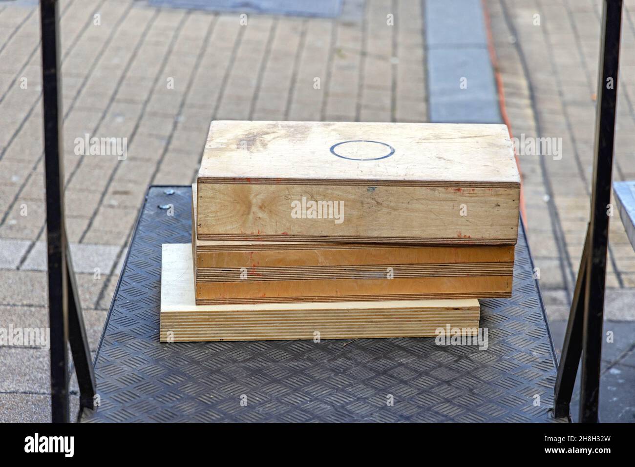 Stacked Wooden Boxes at Transport Cart Street Delivery Stock Photo - Alamy