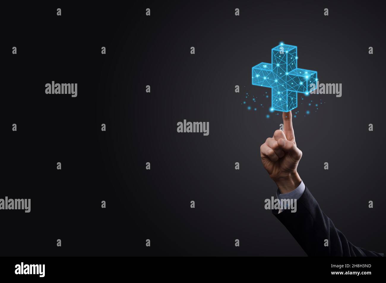 Businessman hand holding 3D plus low polygonal icon.Plus sign virtual ...