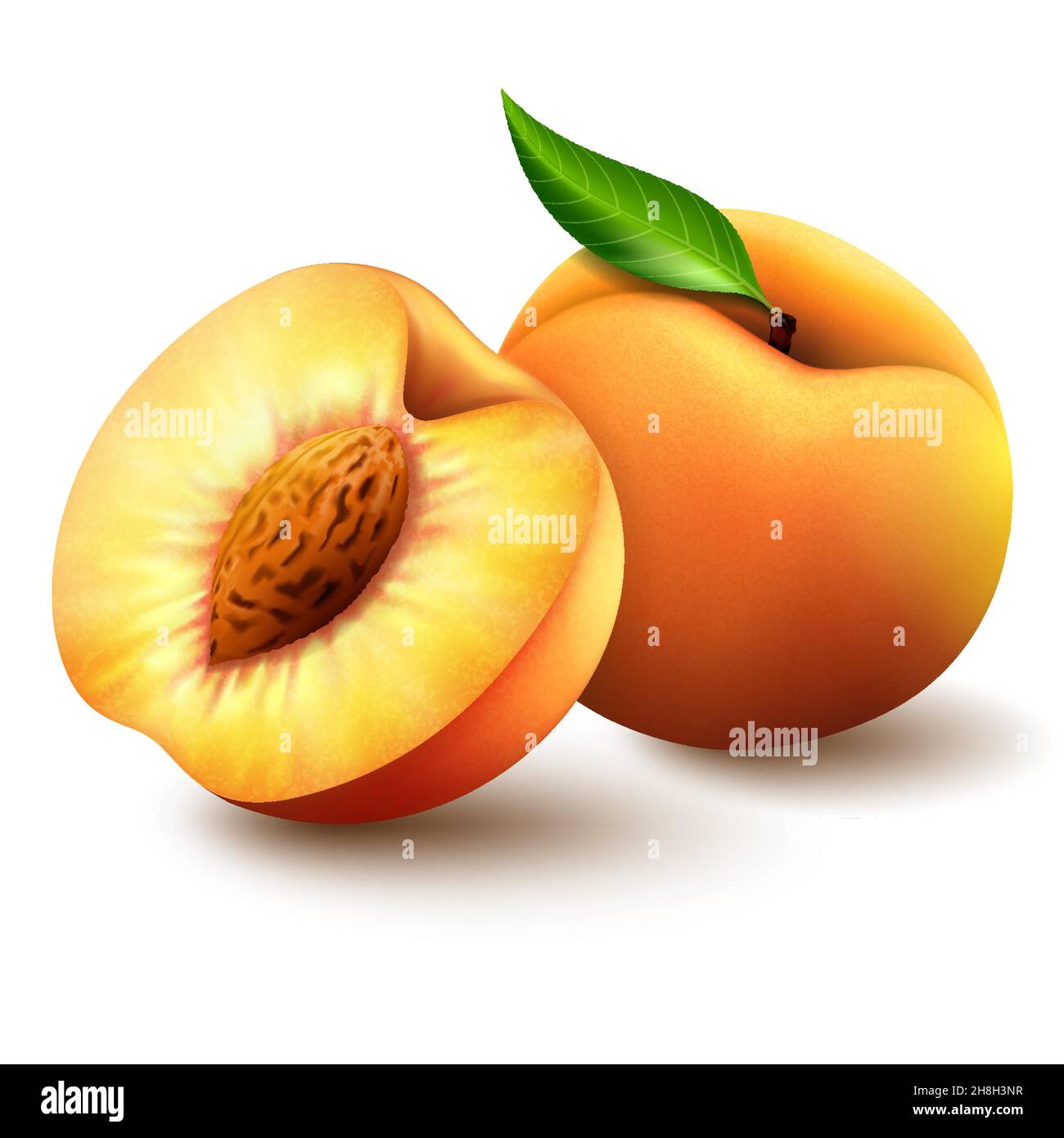 Realistic ripe peaches with green leaves, whole, half and slices. Juicy ...