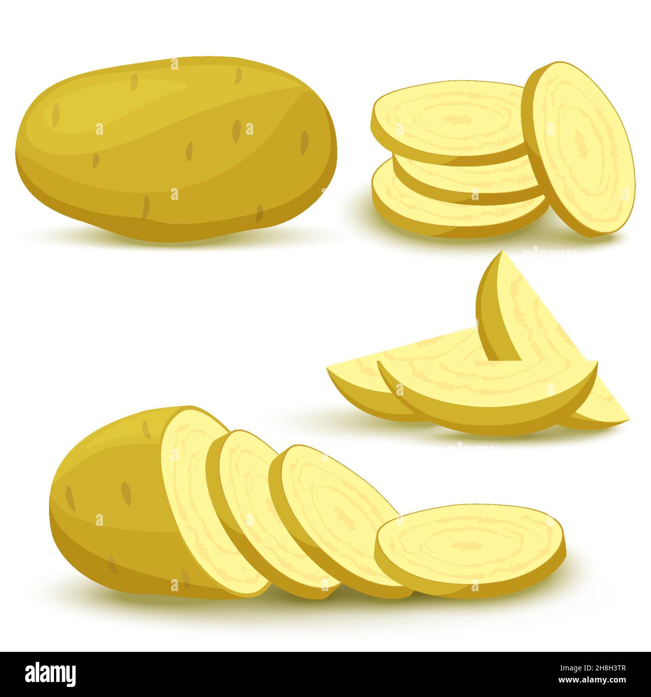 a set of whole potatoes, potato halves and slice. Fresh cartoon of ...