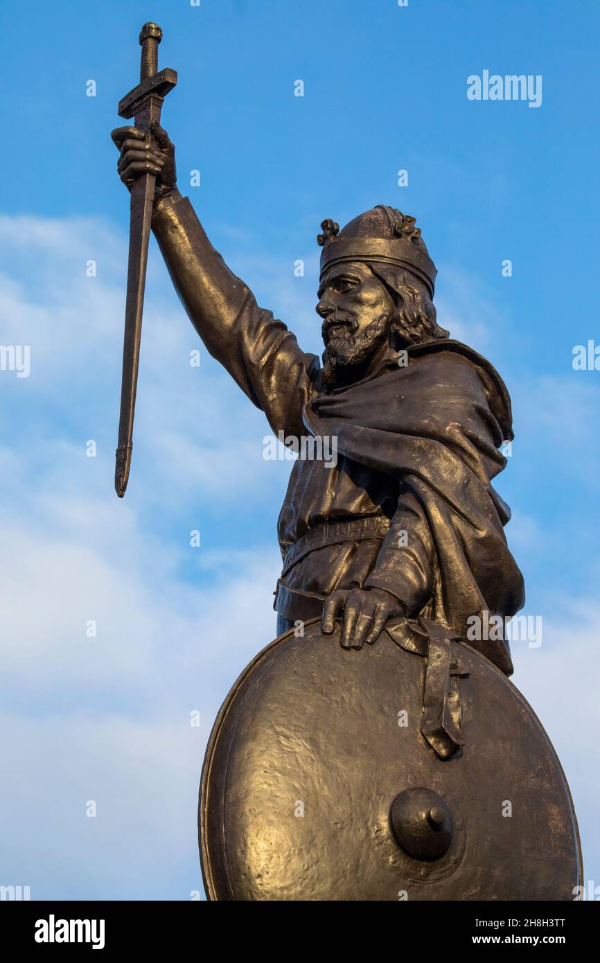 A statue of King Alfred the Great in the historic city of Winchester ...