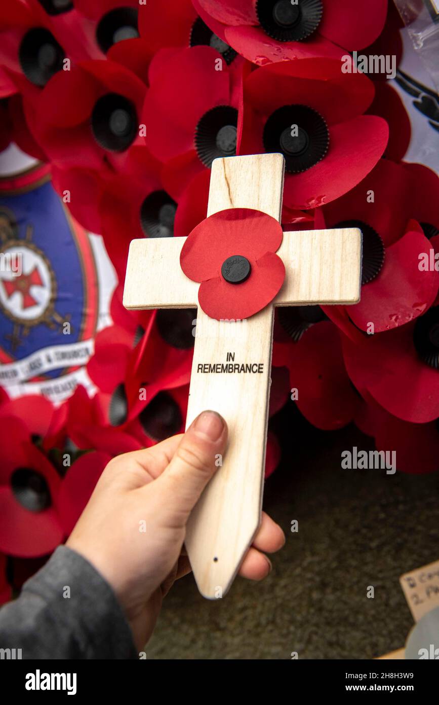 Remembrance Sunday poppies on a small wooden cross World Wars Stock ...