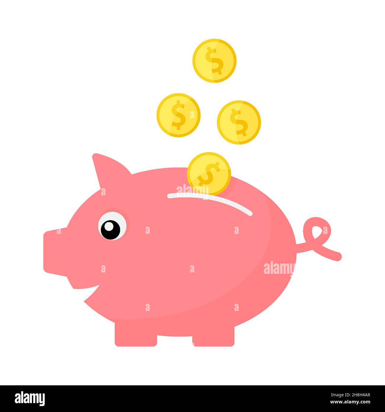 Flat pig and gold coin isolated on white background. Piggybank ...