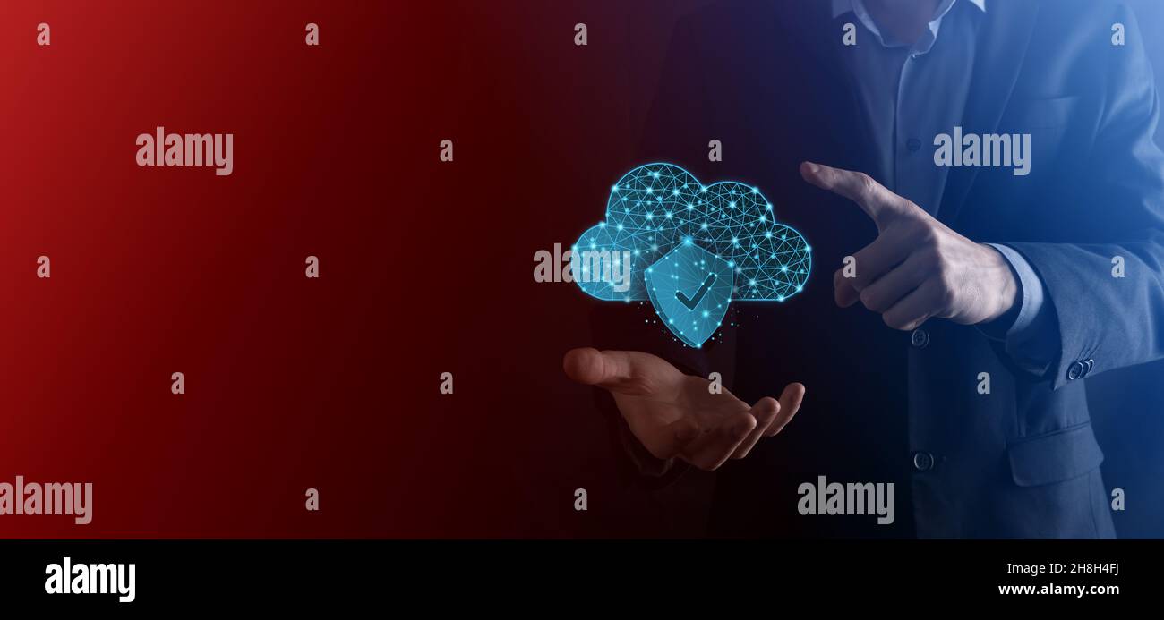 Cloud technology. Polygonal wireframe cloud storage sign with shield ...