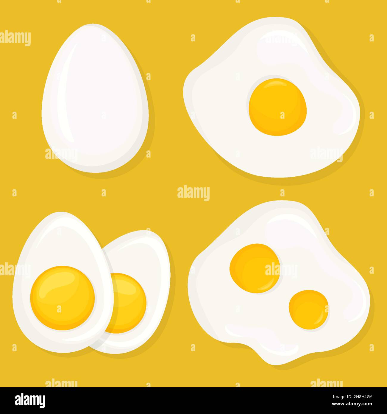 A set of differently cooked eggs. Whole egg, raw, fried egg, hard ...