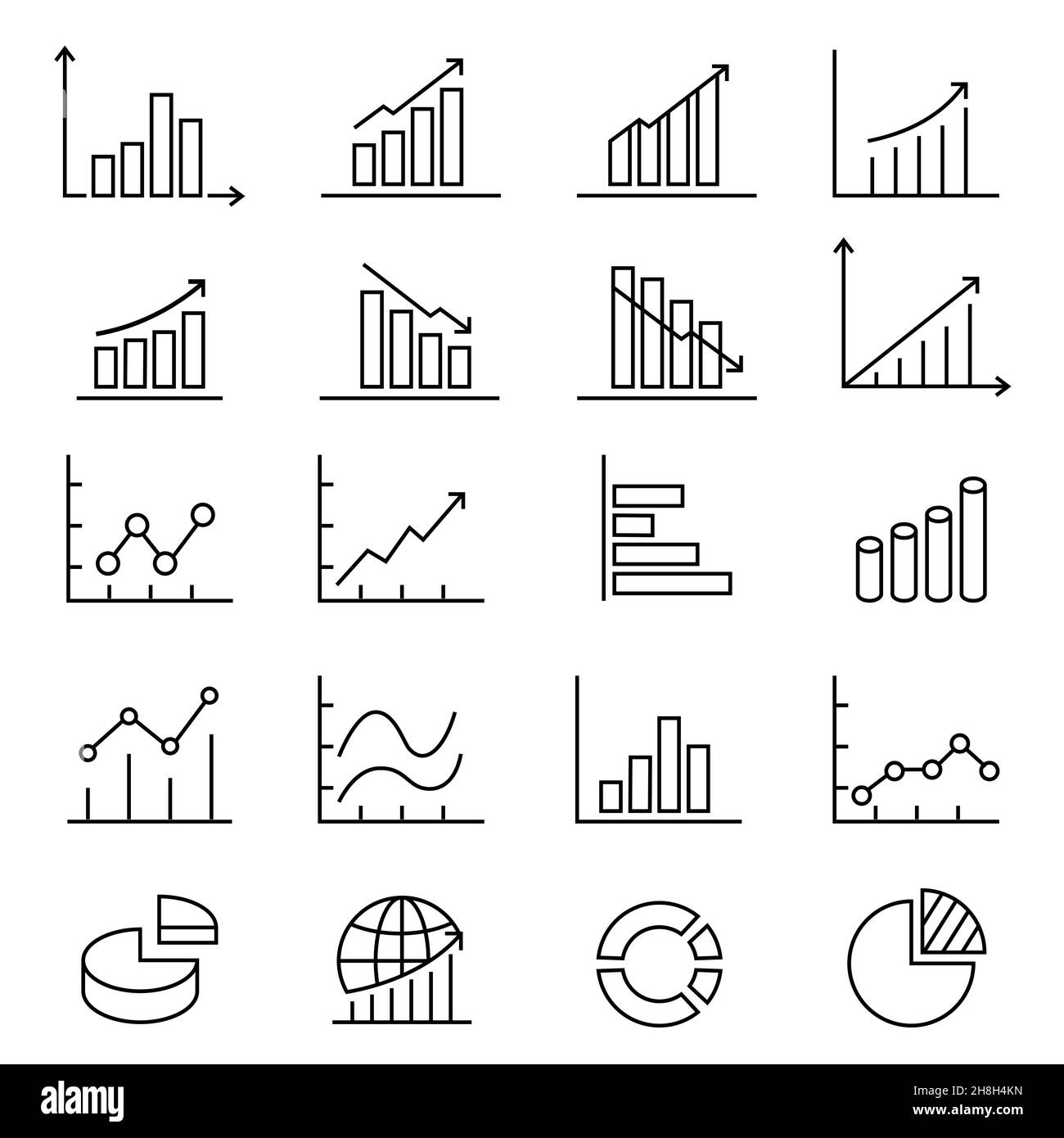 Graphs and charts thin line icons set. data elements, bar and pie ...