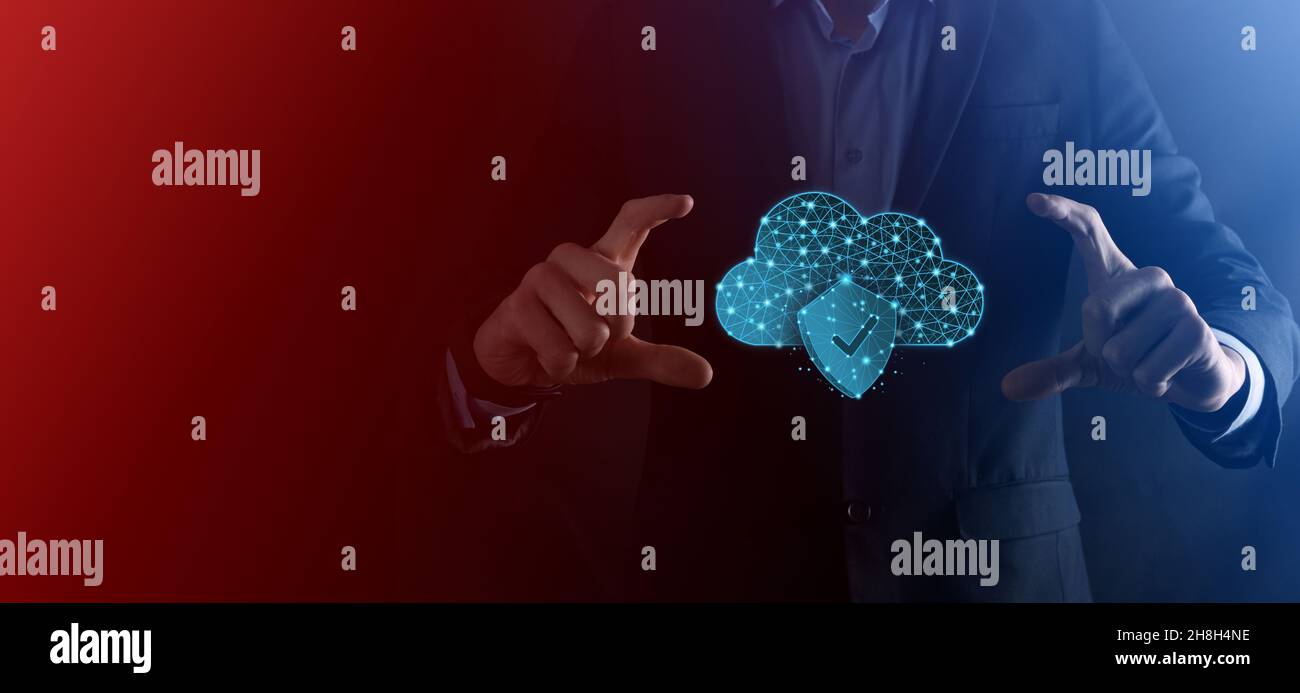 Cloud technology. Polygonal wireframe cloud storage sign with shield ...