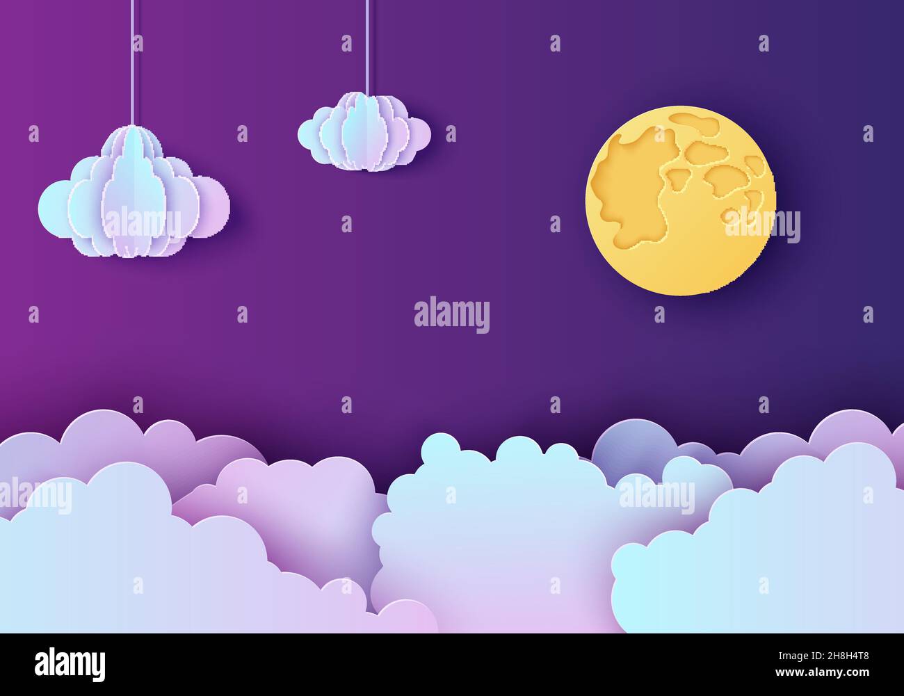 Night sky in paper cut style. Cut out 3d background with violet and ...