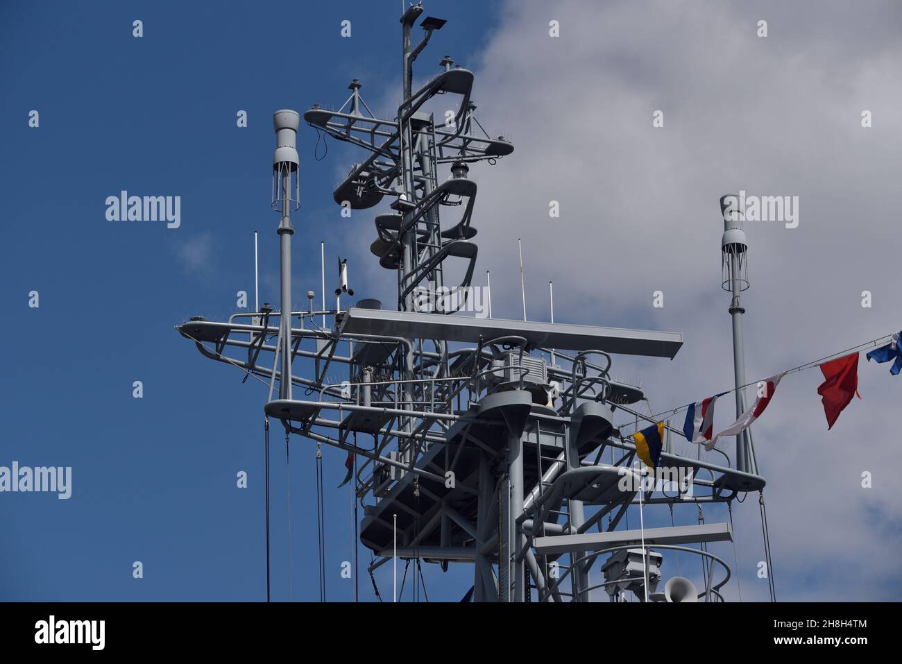 mast of a warship, full of antennas and other communications Stock ...