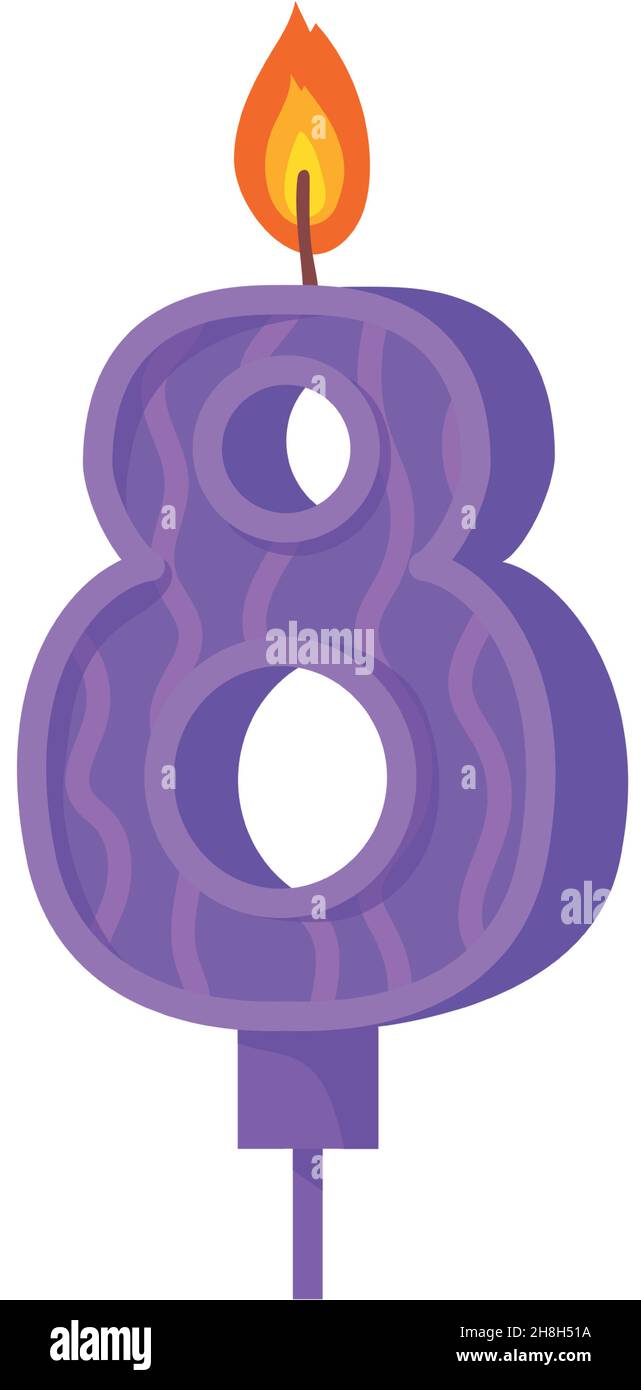 Candle number eight. Greeting 8 yers, icon on dessert, cartoon vector ...