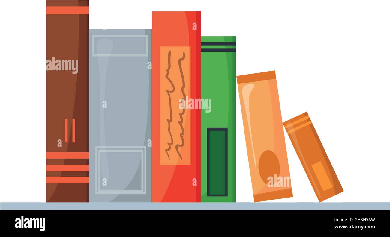 Pile textbooks on shelf. Cartoon books for bookcase or bookshop ...