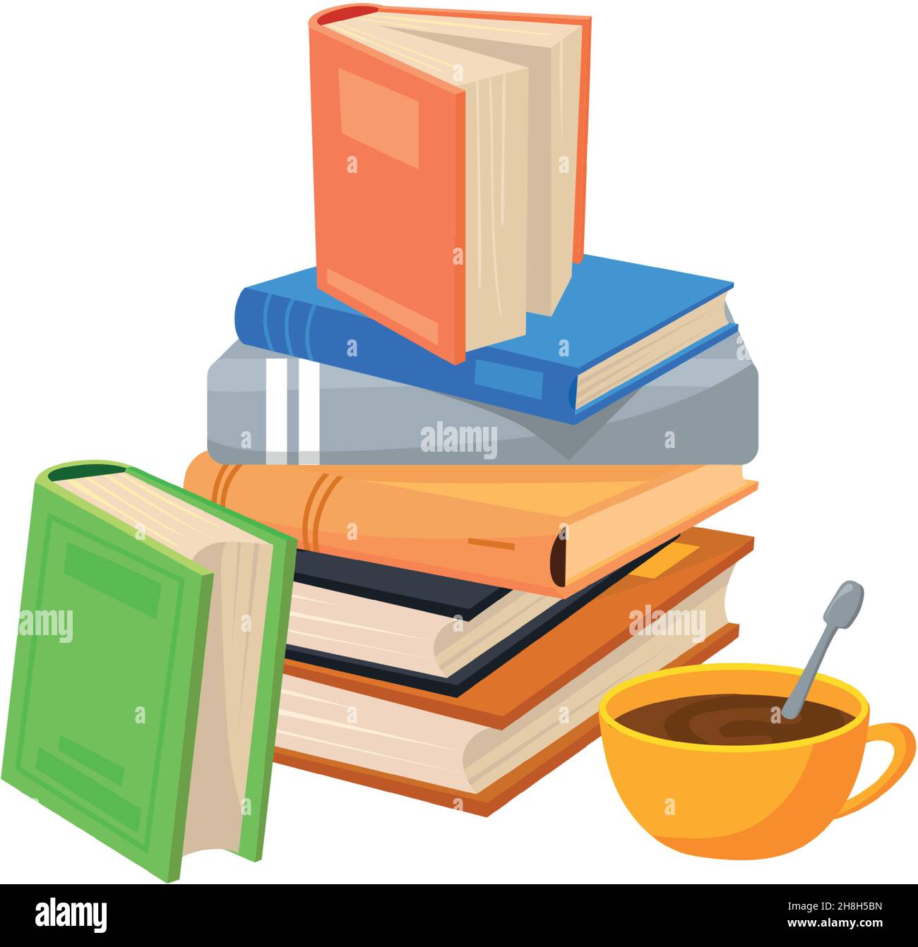 Pile textbooks collection. Book for work or hobby with coffee cup ...