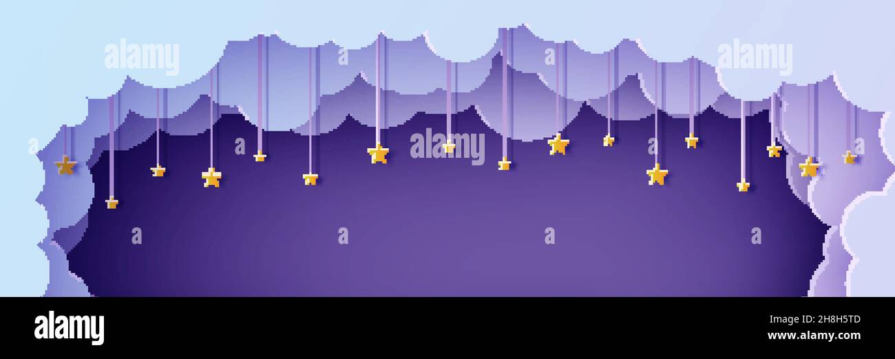 Night sky clouds border with stars on rope in paper cut style. Cut out 3d background with violet ...