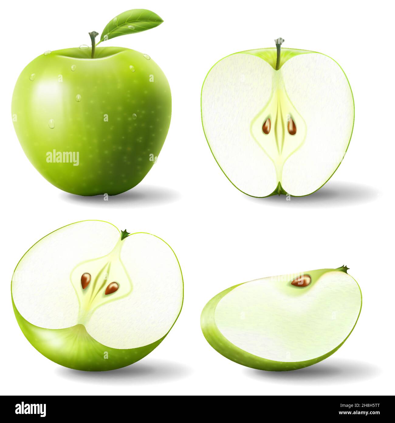 Set of isolated colored green apple half, slice and whole juicy fruit ...