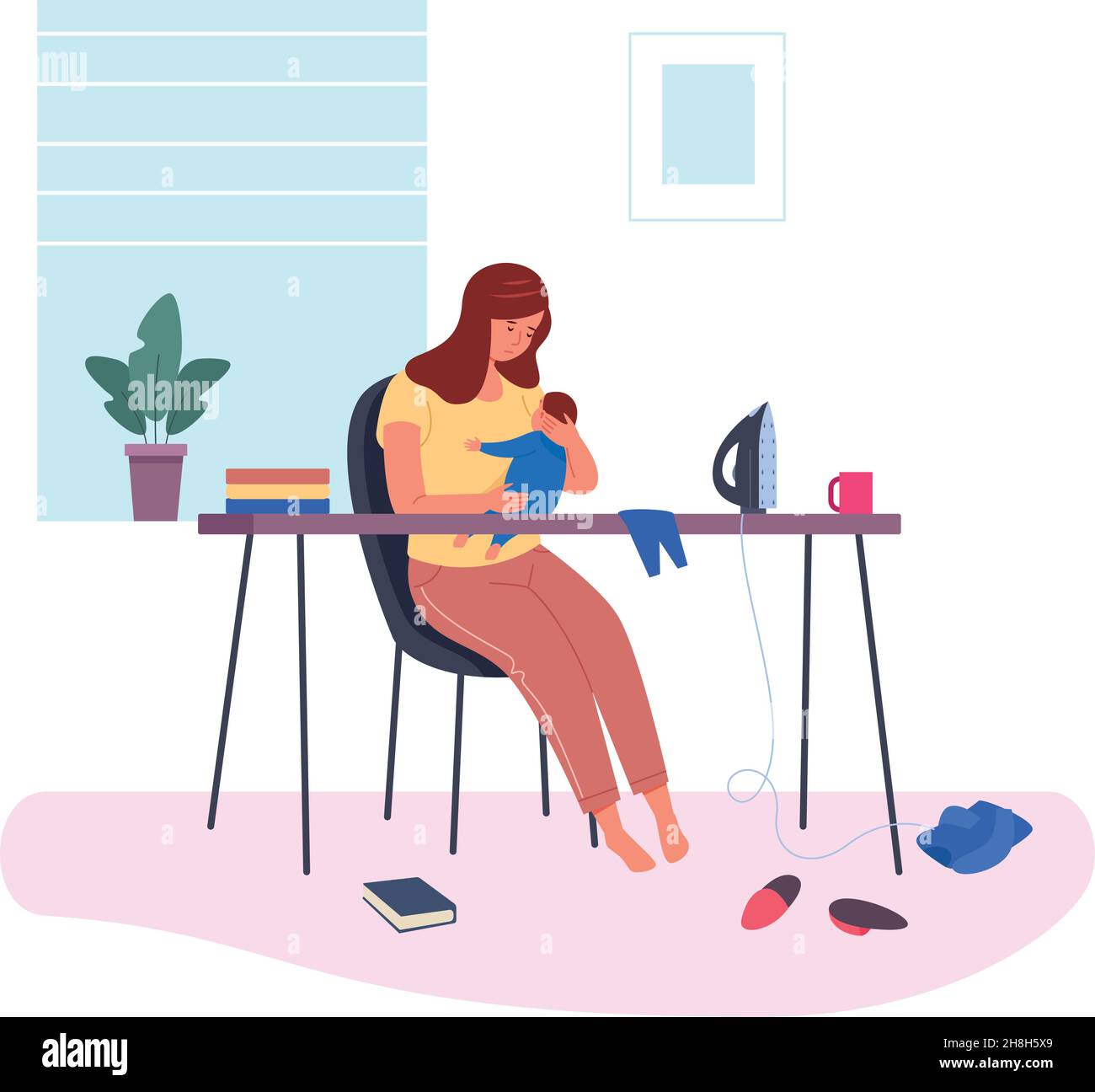 Postnatal depression. Postpartum anxiety, difficult parenting, vector ...