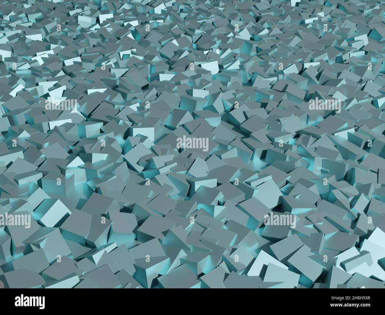 Fused metal crystals. 3D render. Intersecting gray cubes with a bluish ...