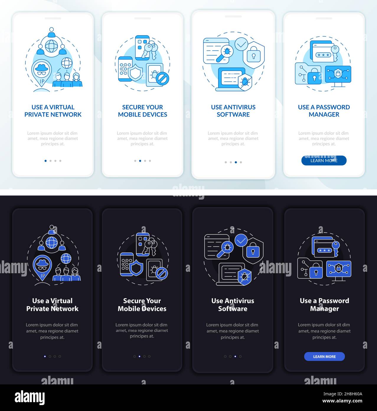 Privacy protection tips onboarding mobile app page screen Stock Vector ...