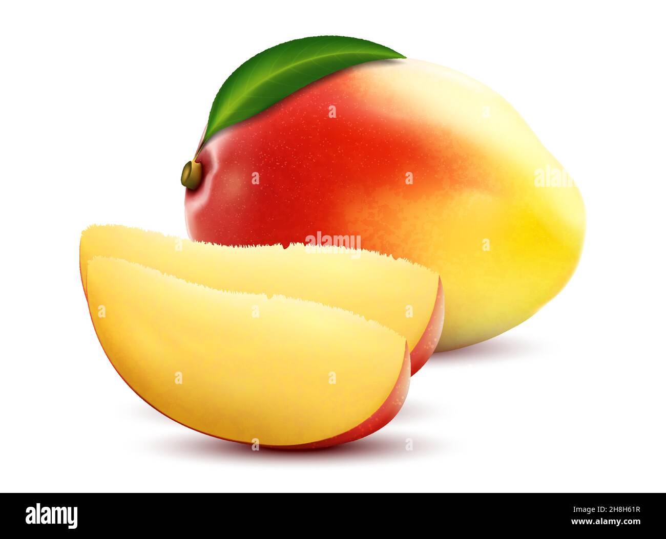 Mango fruits. Sweet fruits. Whole and slice mango fruit with leaf, 3D ...