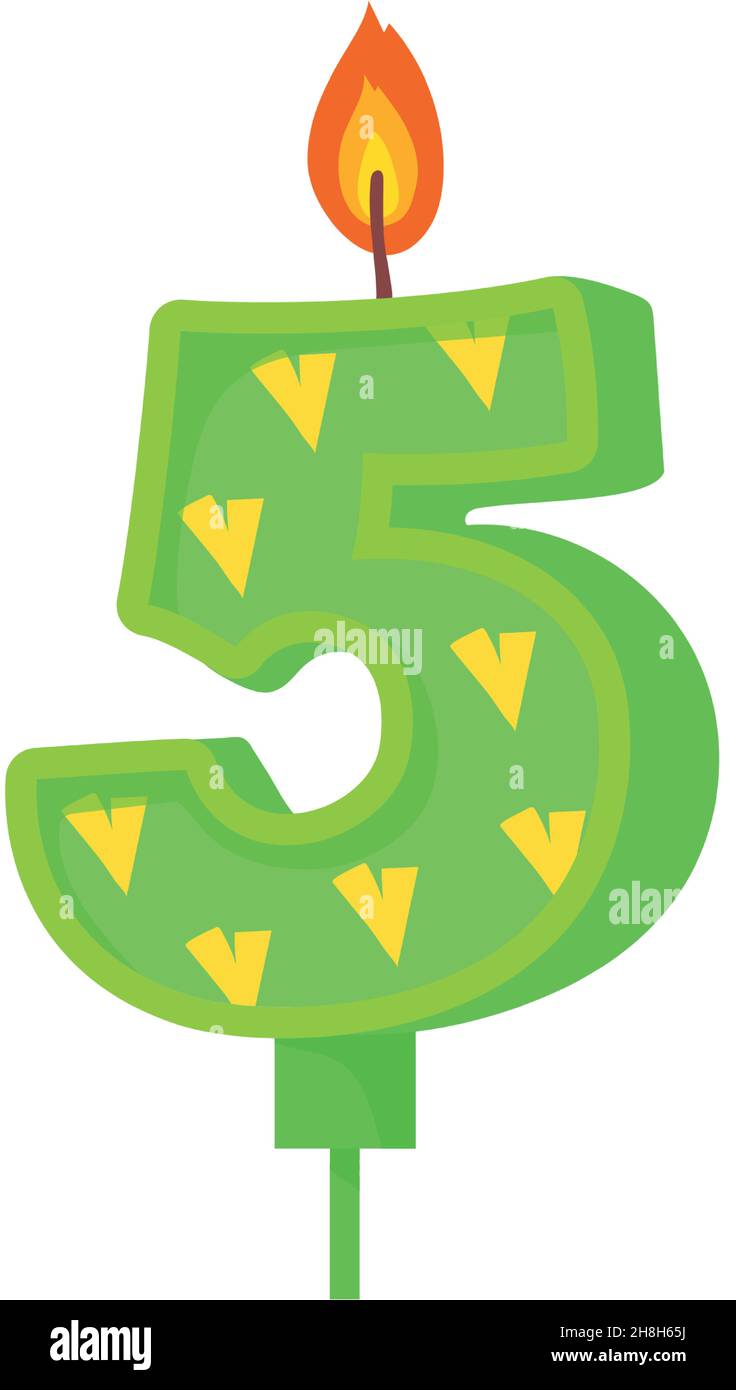 Candle number five. Green invitation on 5 yers for chocolate cake ...