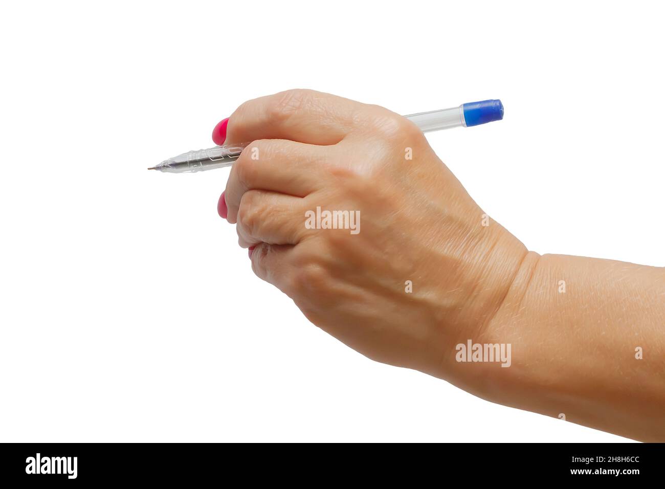 Hand of a woman aged with manicure on a white background. Isolate ...