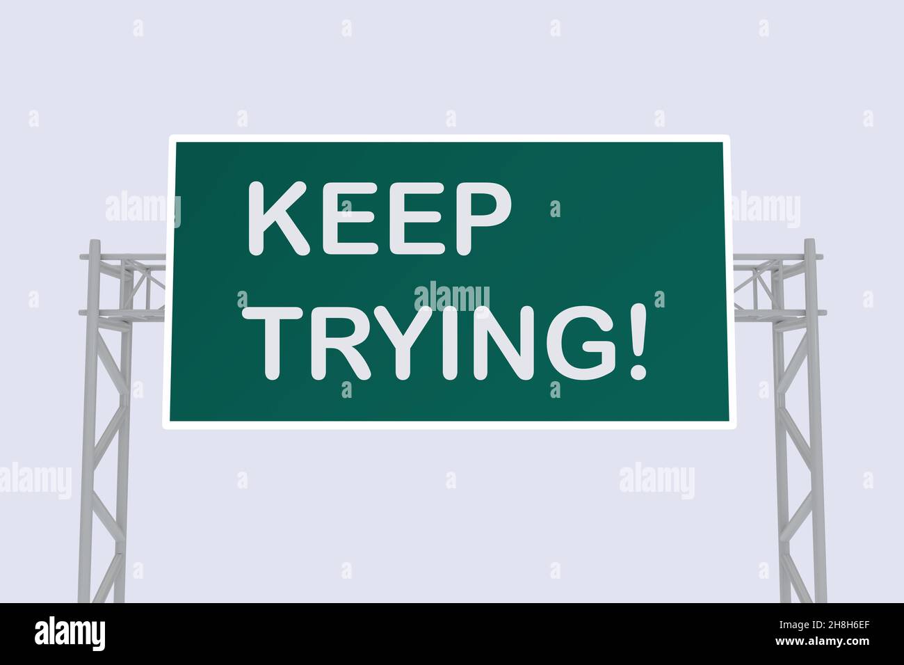 3D illustration of KEEP TRYING script on road sign, isolated over pale ...