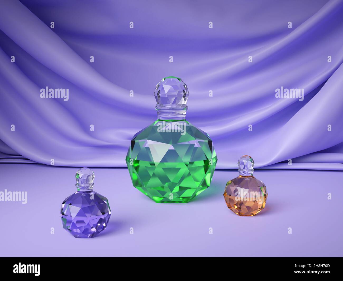 Perfumes in glass bottles in the form of a spherical polyhedron. 3D ...