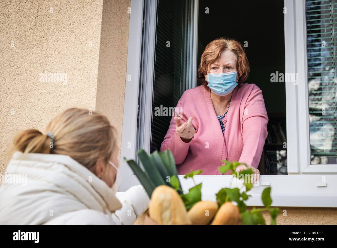 Volunteer delivering groceries and food to senior woman during pandemic ...