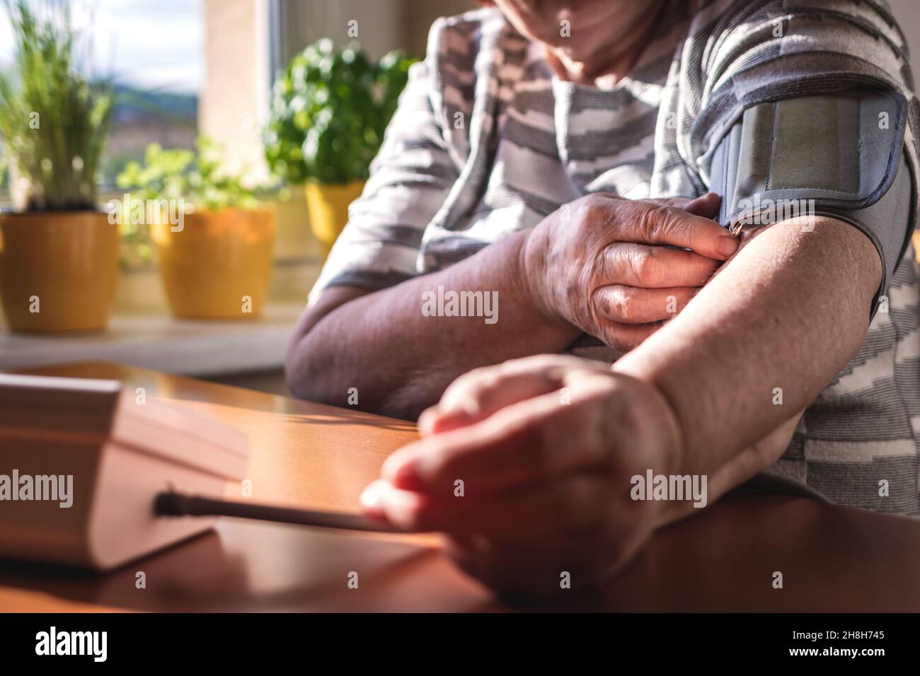 Blood pressure gauge medical device. Senior woman is checking her ...