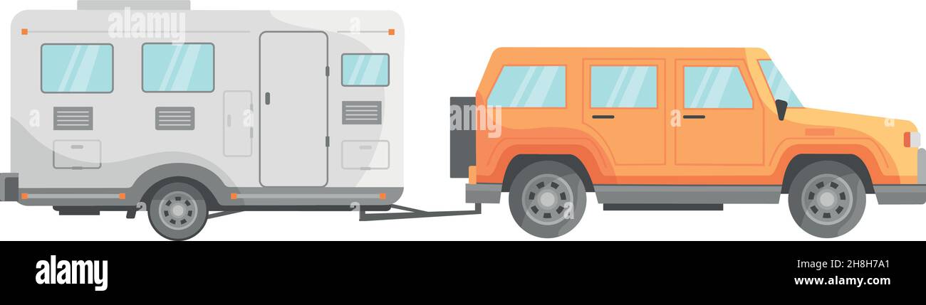 Orange car with trailer. Cartoon motorhome van for holiday, icon flat ...