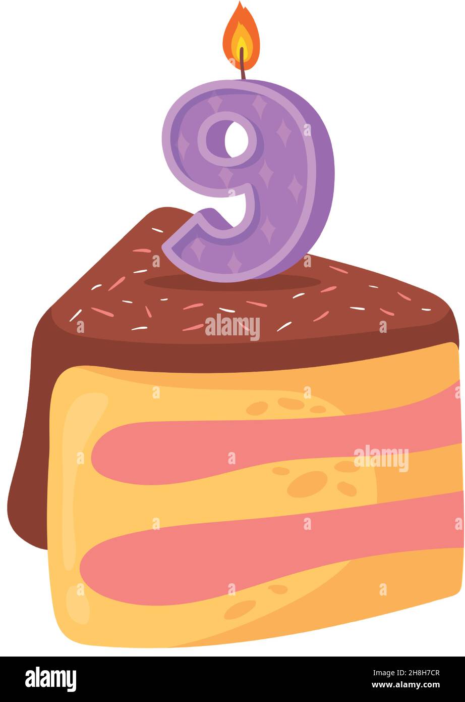 Piece of cake with candle. Yummy sliced bake with cream, cartoon vector ...