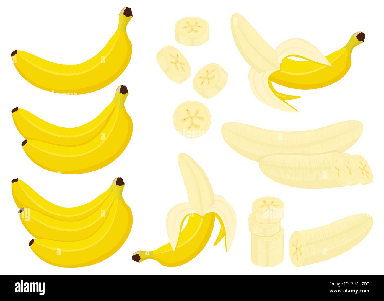 Banana set. Whole, half and peeled banana, bunch of bananas and slices ...