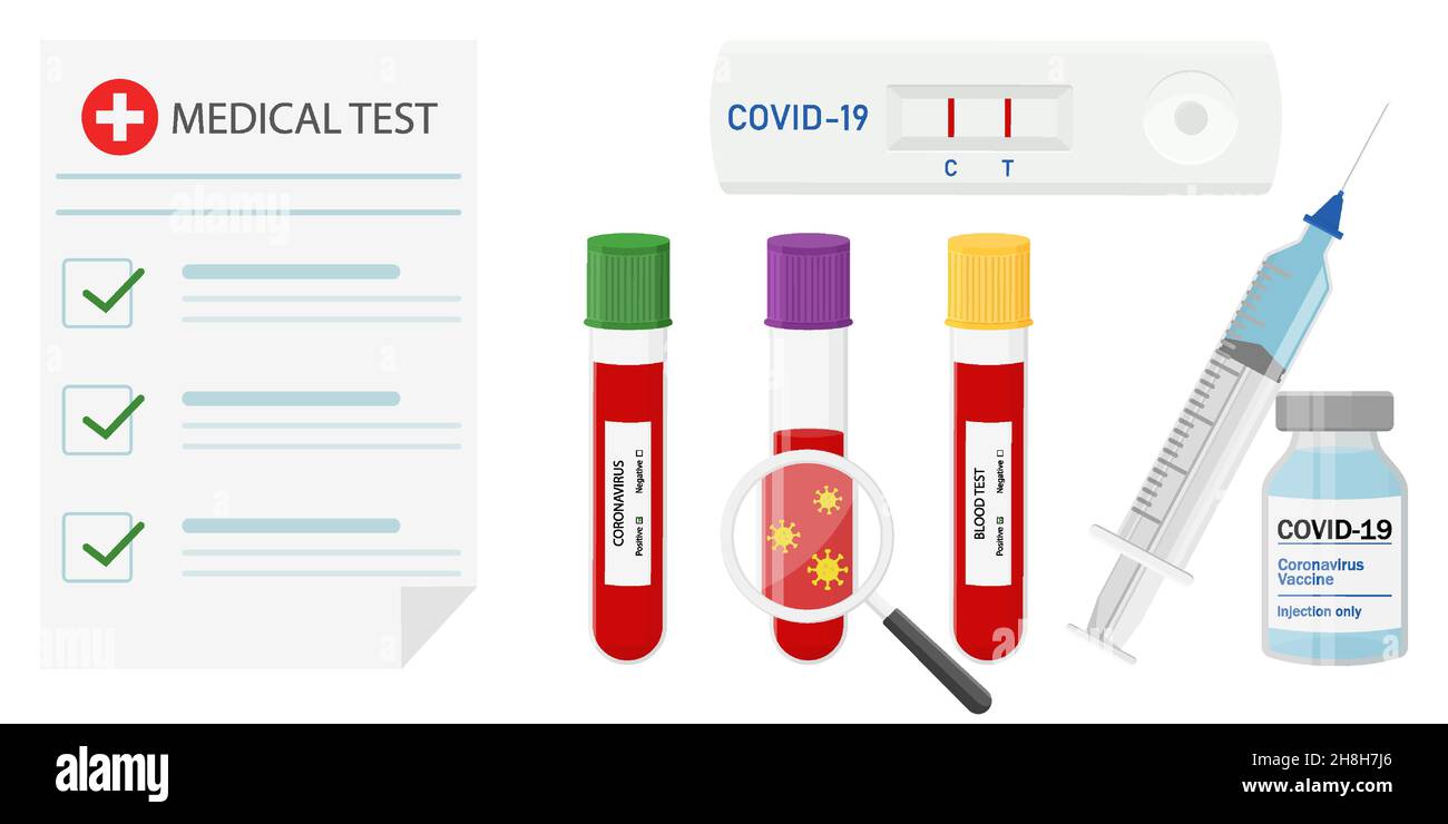 COVID-19 test, Positive Test Results Form. Tubes with blood sample, and ...