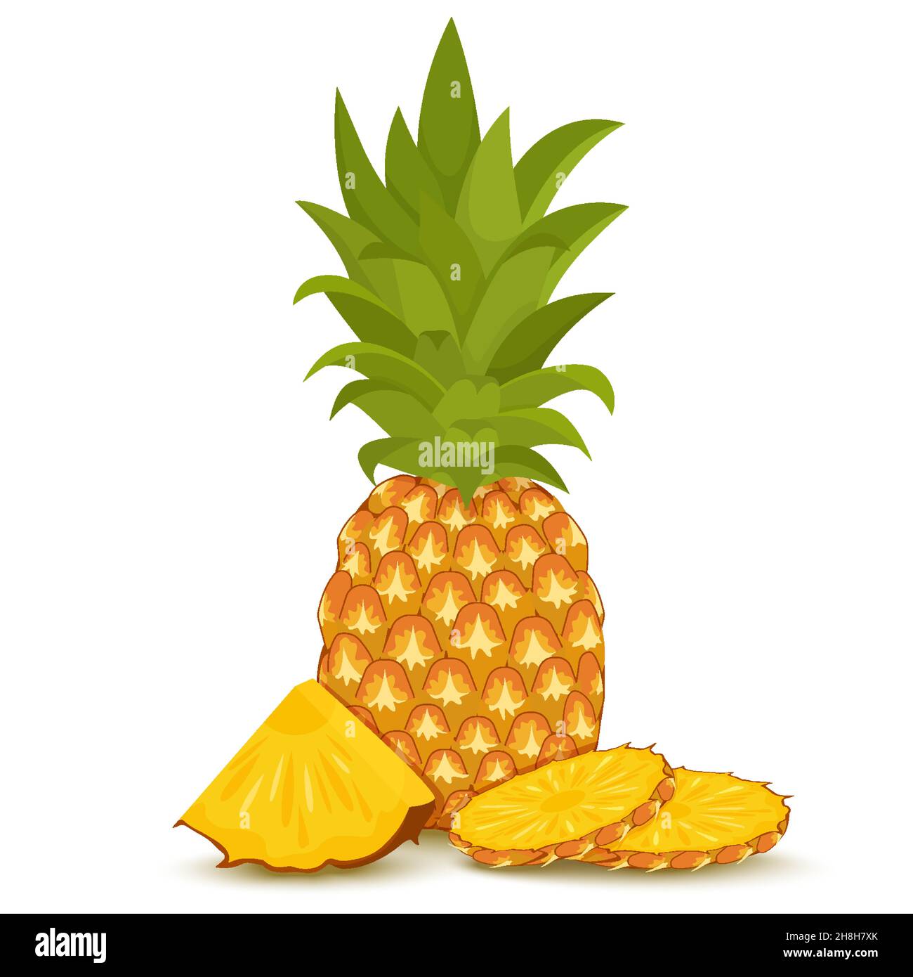 Whole pineapple with round slices and piece isolated on white ...