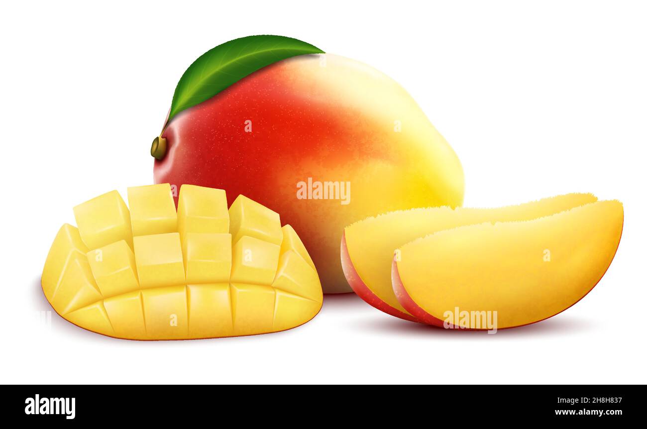 Mango whole and sliced mango cubes isolated on white background . Sweet ...