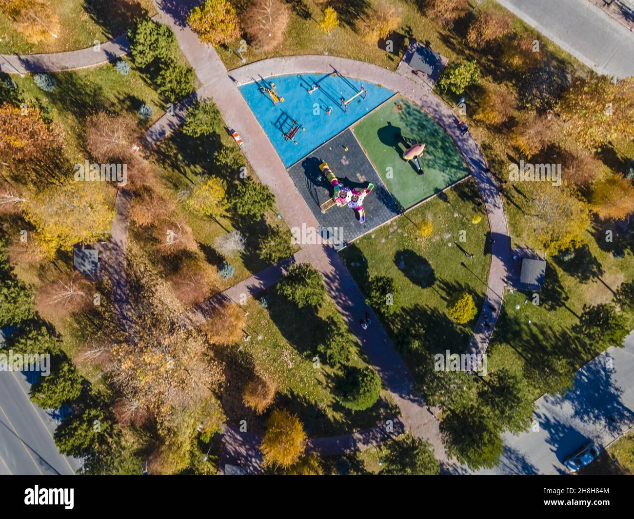 Top down aerial view of a playground for children in a public park ...