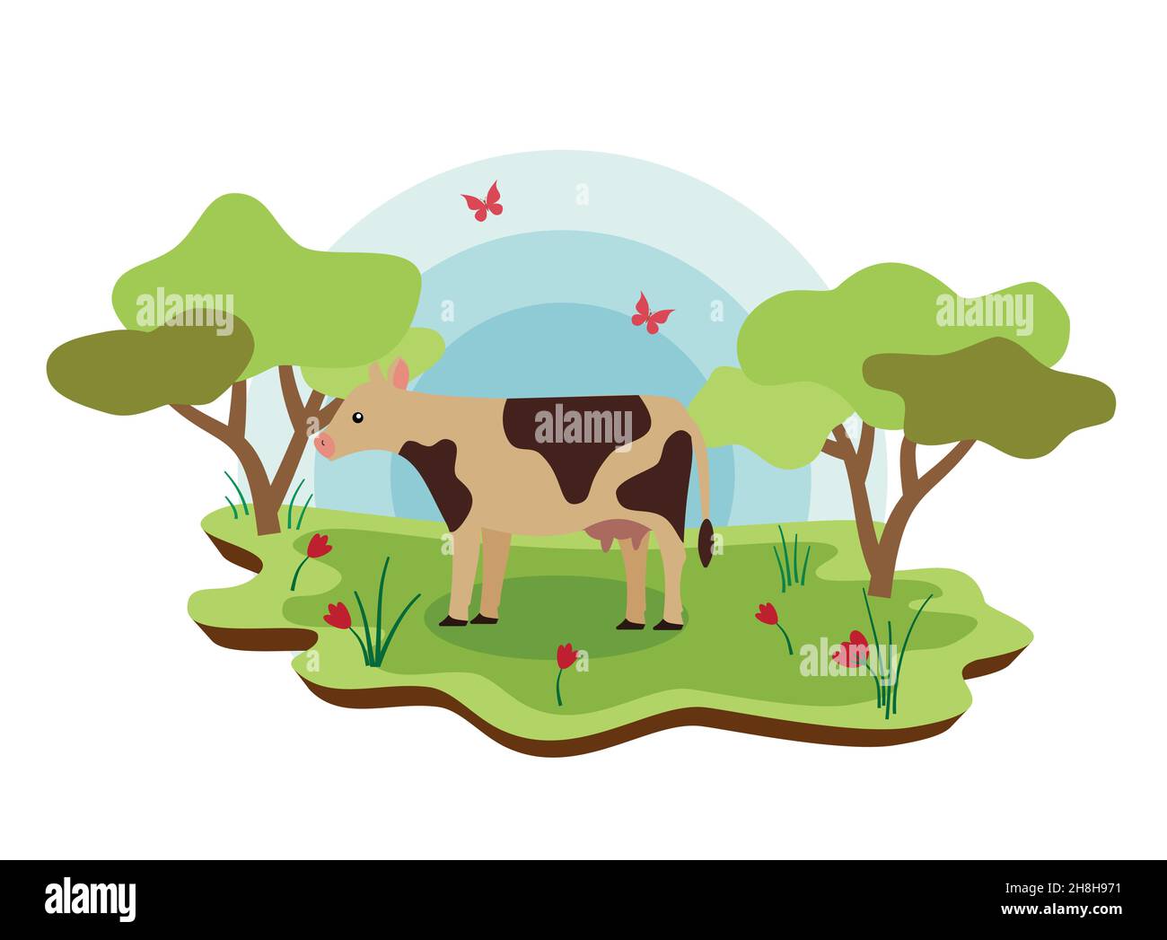 Cute farm animals cow with spring landscape. vector cartoon ...