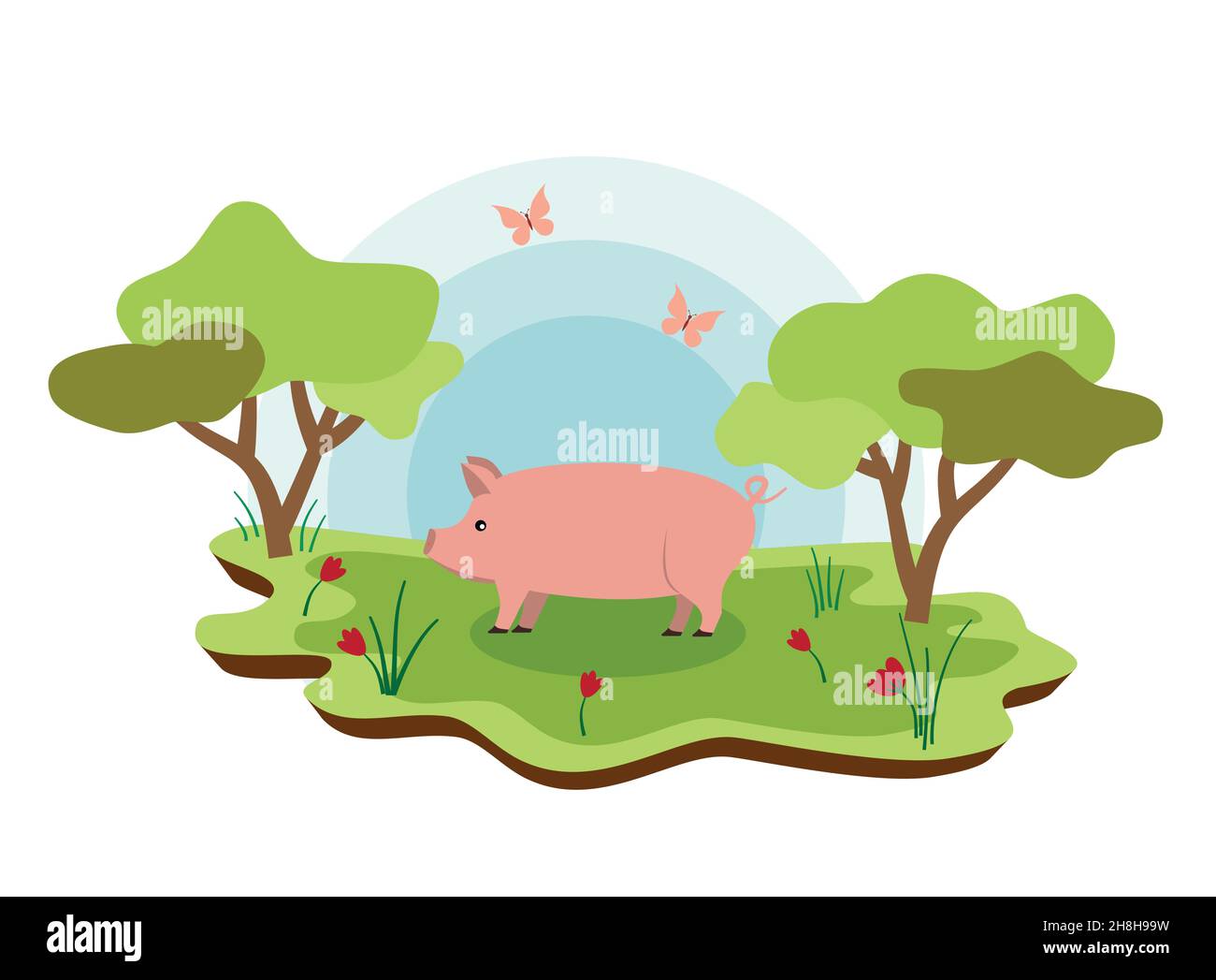 Cute farm animals pig with spring landscape. vector cartoon ...