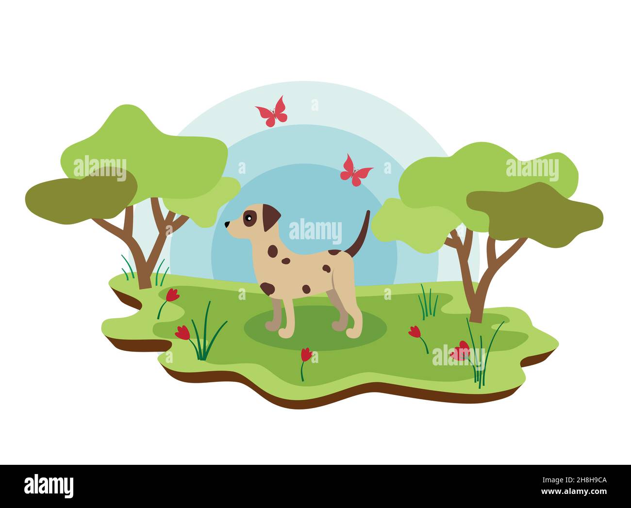 Cute farm animals dog with spring landscape. vector cartoon ...