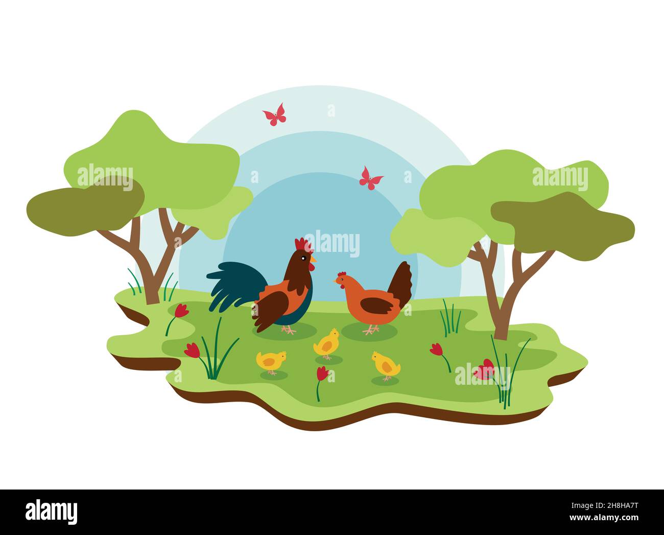 Cute farm animals chickens with spring landscape. vector cartoon ...