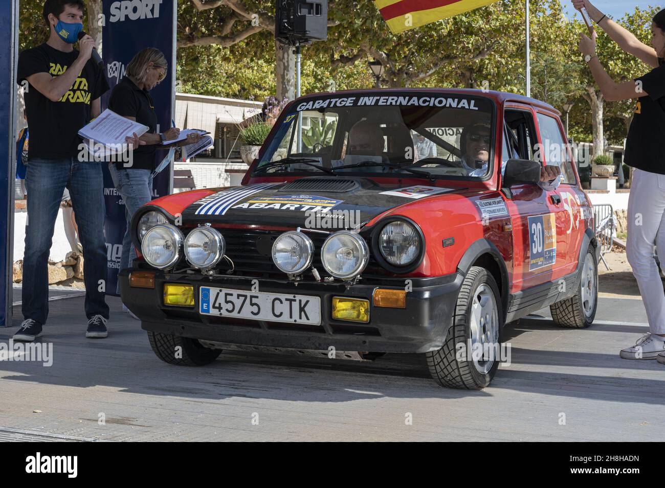 PALAMOS, SPAIN - Nov 03, 2021: A closeup of a red and black Autobianchi A112 Abarth featured at ...