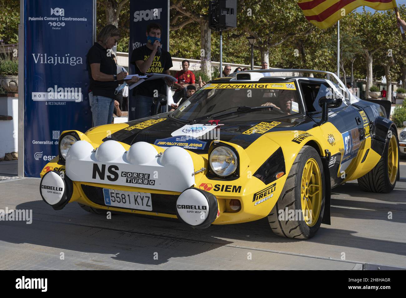PALAMOS, SPAIN - Nov 03, 2021: A closeup of a yellow Lancia Stratos ...