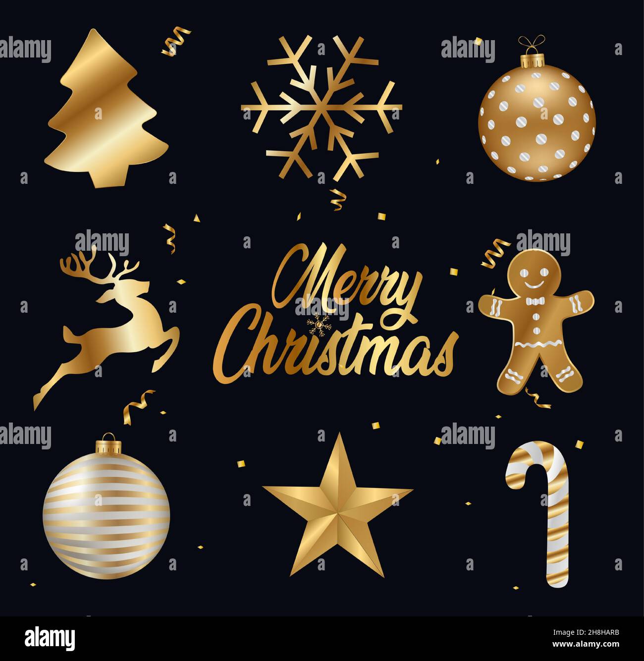 Golden Christmas Icons Elements Set With Confetti Stock Vector Image ...