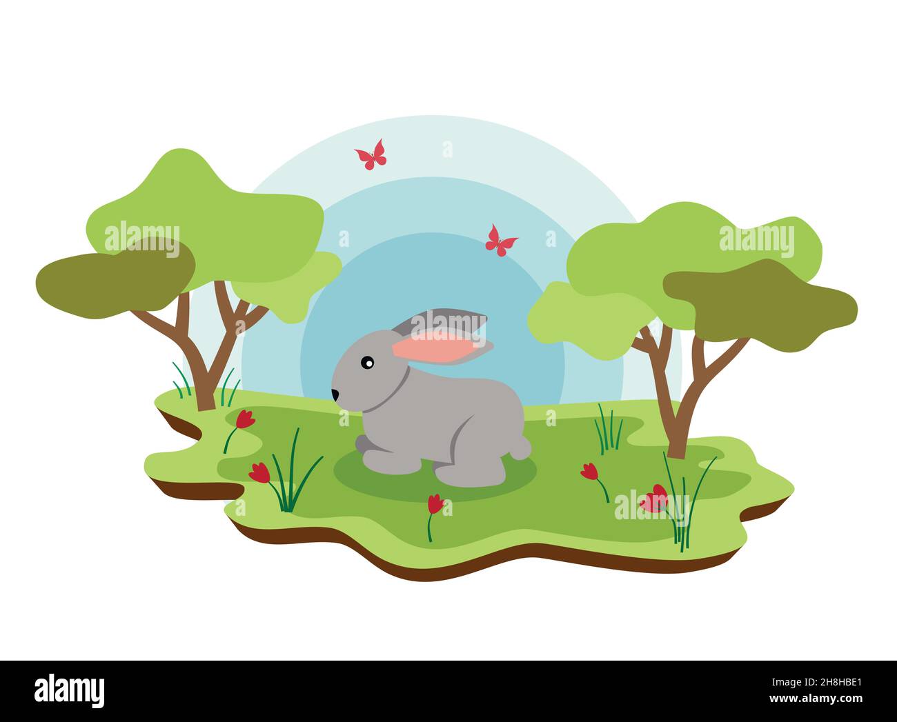 Cute farm animals rabbit with spring landscape. vector cartoon ...