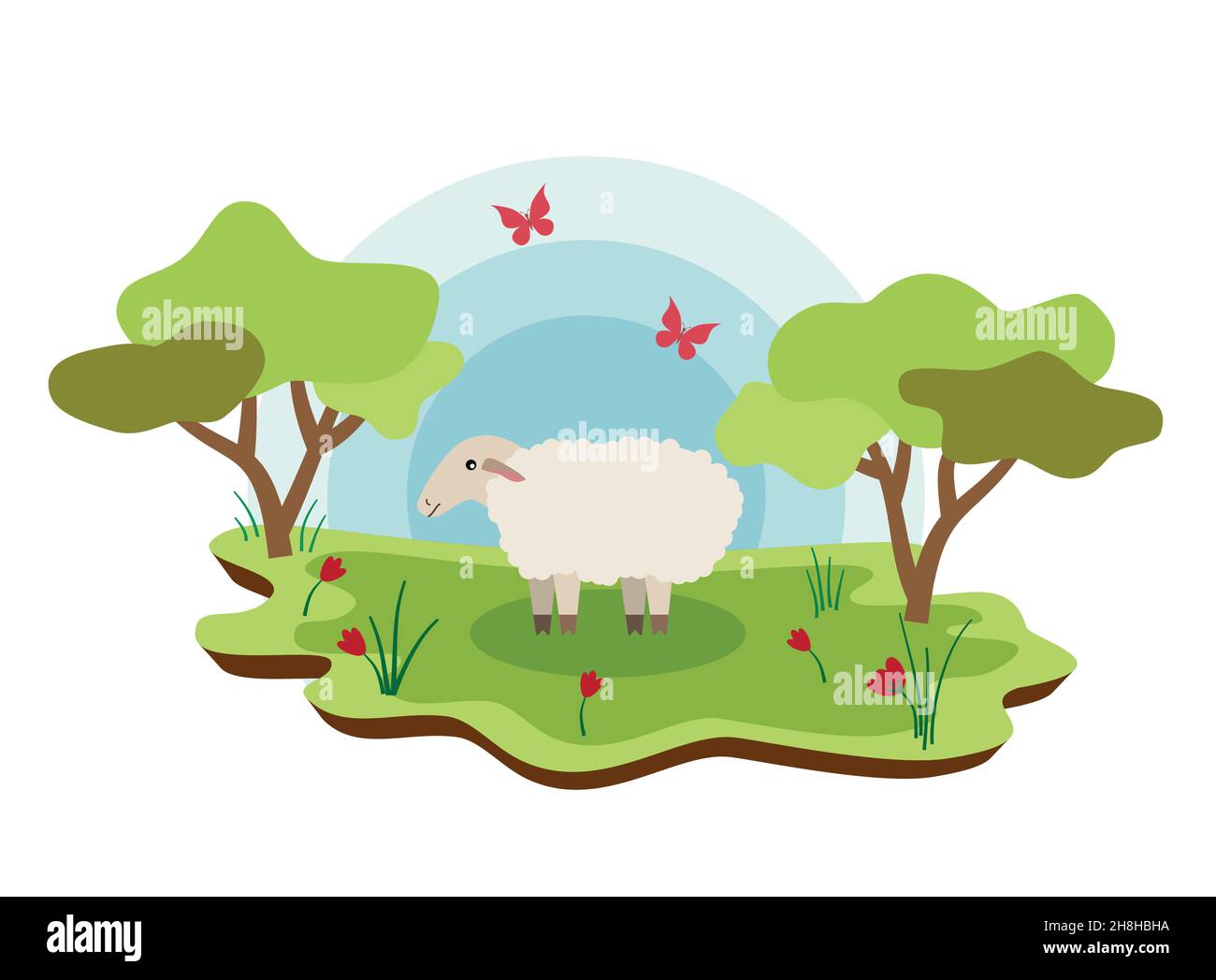 Cute farm animals sheep with spring landscape. vector cartoon ...