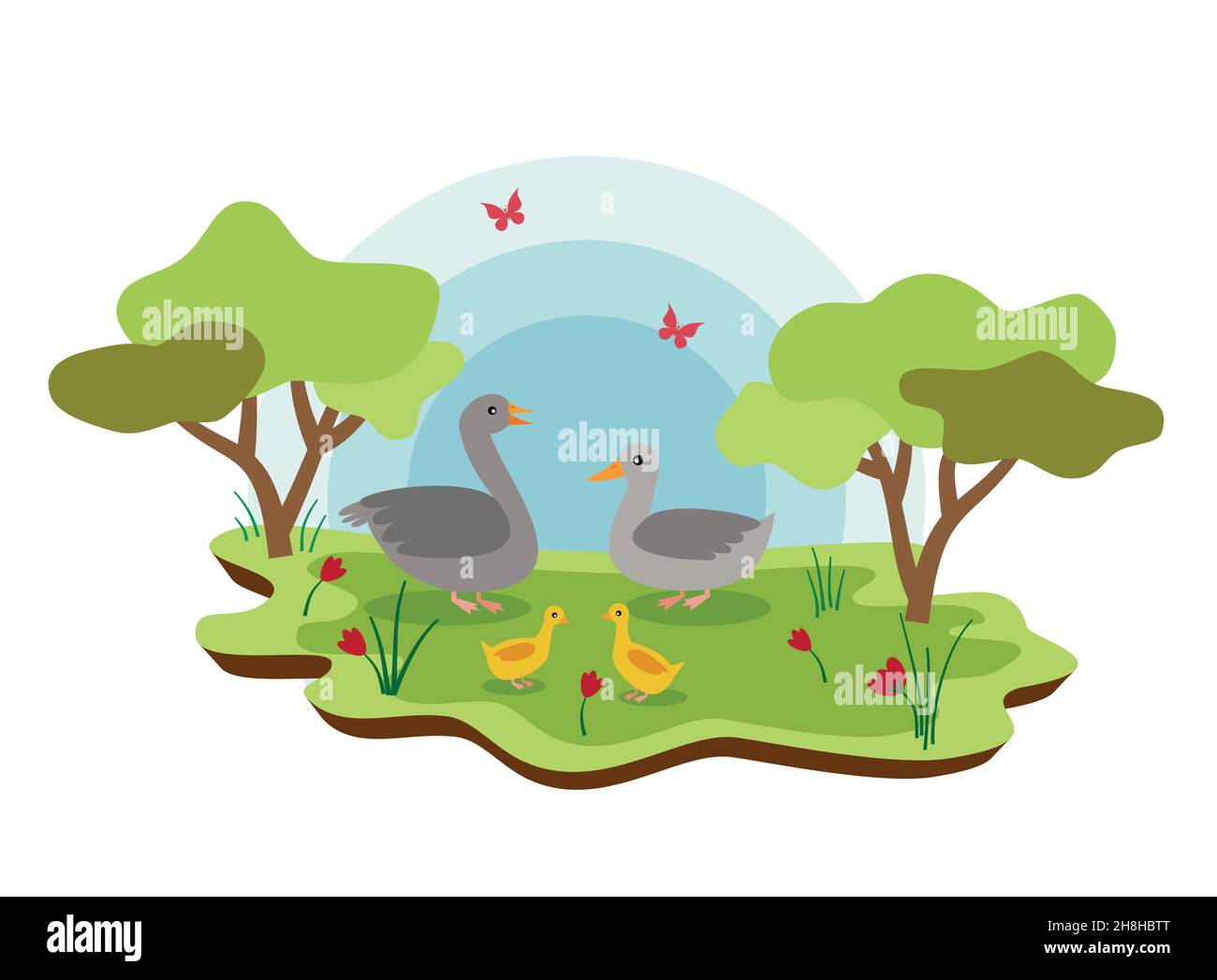 Cute farm animals geese with spring landscape. vector cartoon ...
