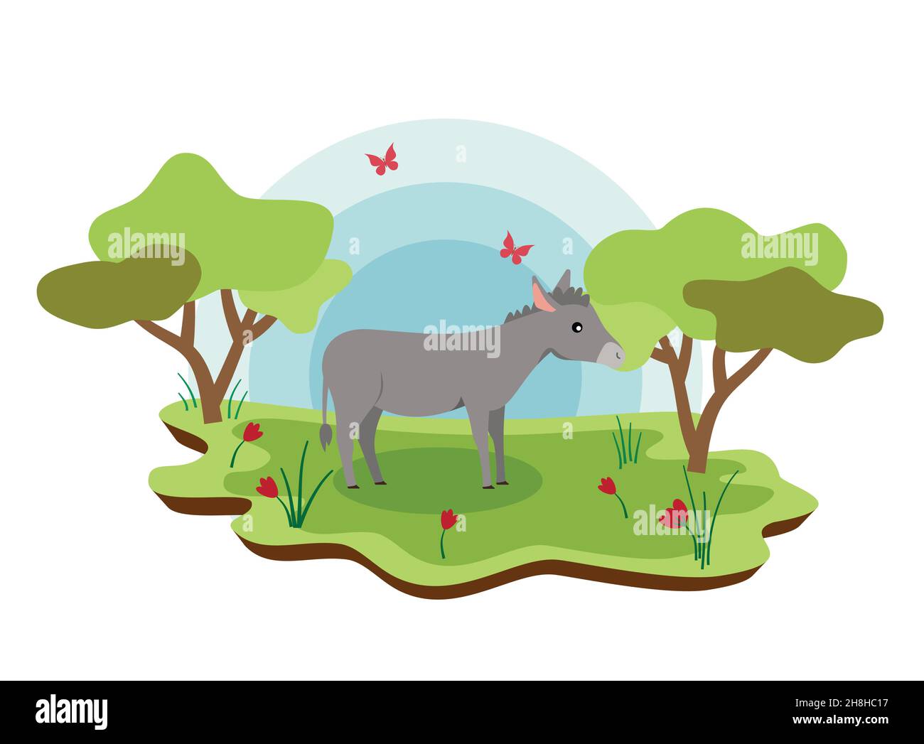 Cute farm animals donkey with spring landscape. vector cartoon ...
