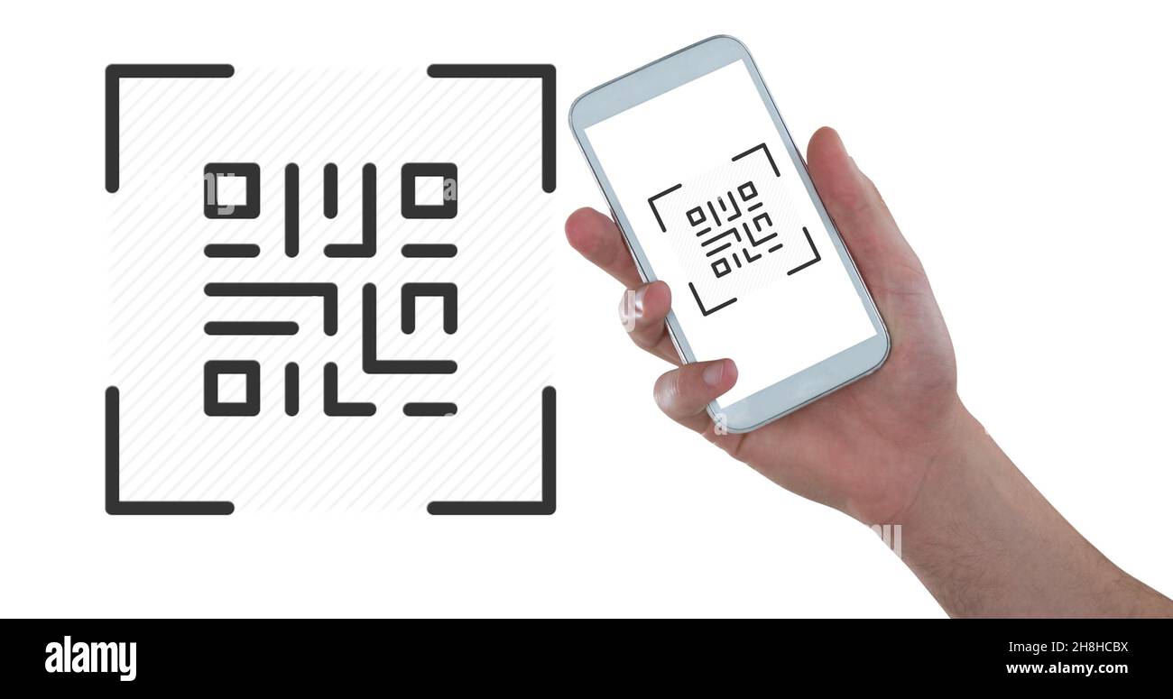 Hand of woman scanning qr code with smart phone with copy space on ...