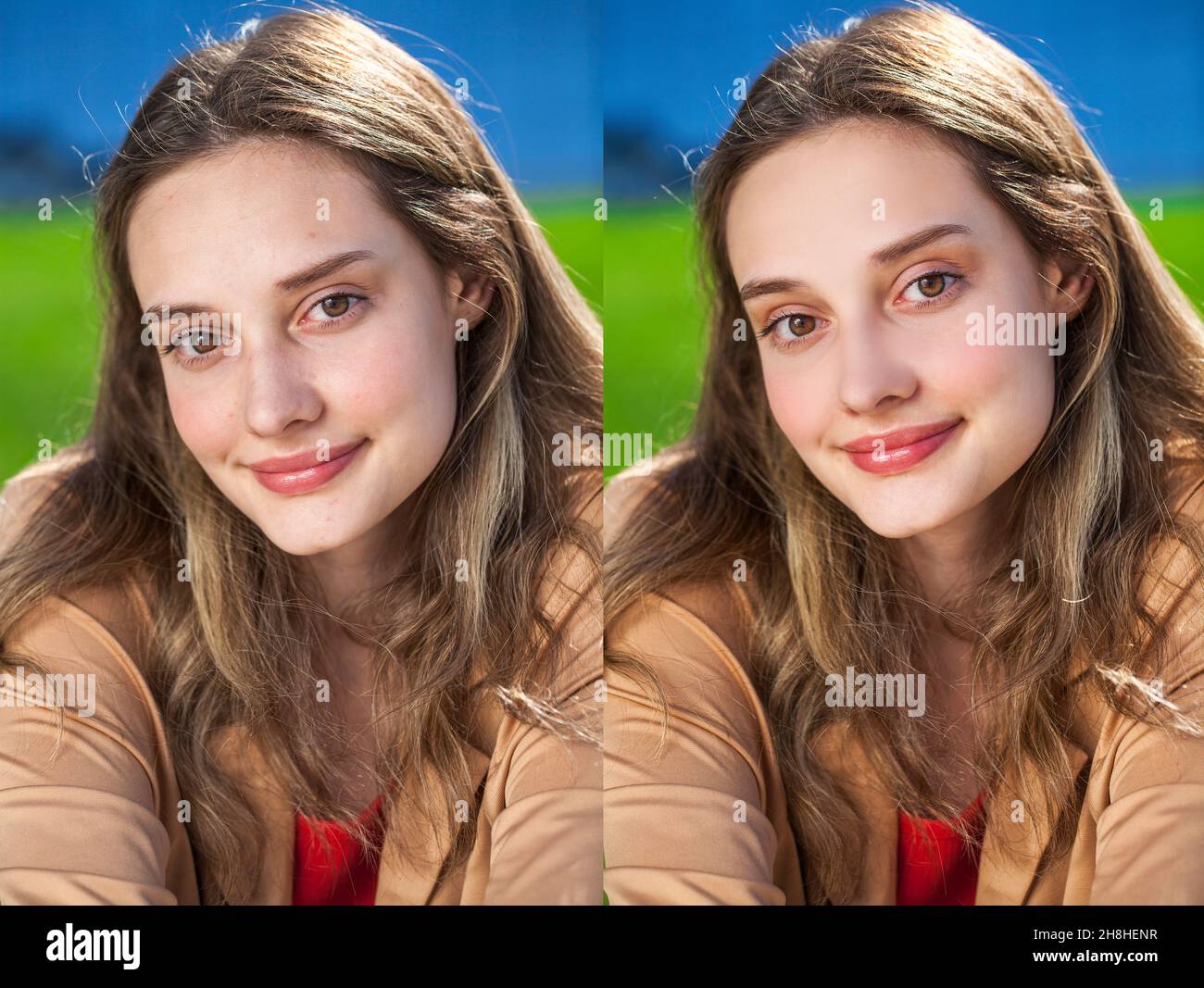 Female face before and after retouch Stock Photo - Alamy